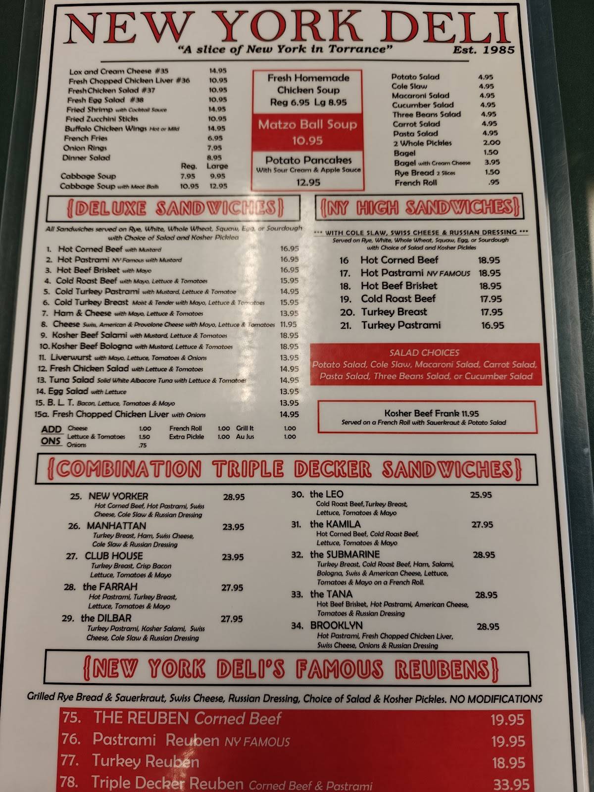 Menu at New York Deli restaurant, Torrance, Sepulveda Blvd #4335