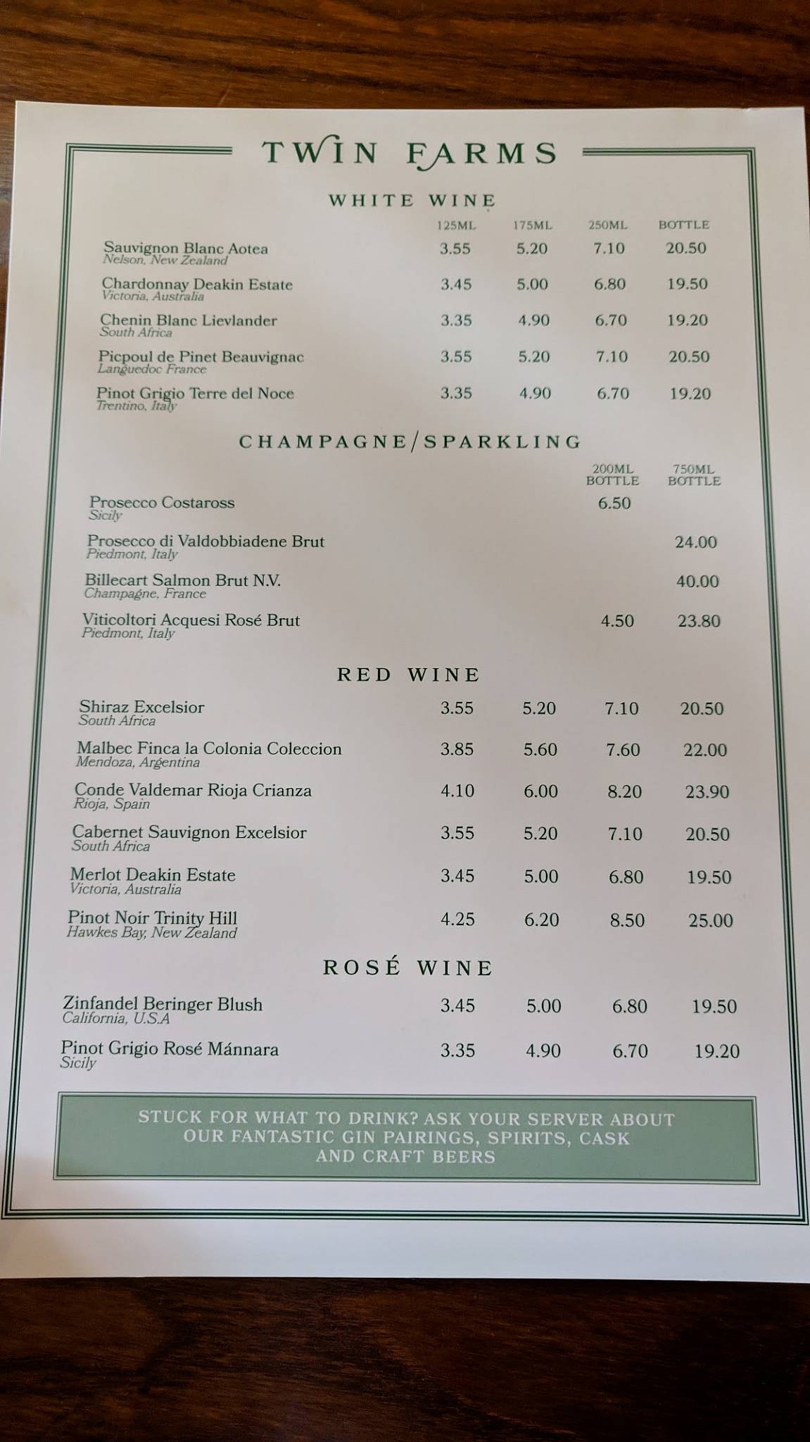 Menu at Twin Farms pub & bar, Newcastle upon Tyne, Twin Farms