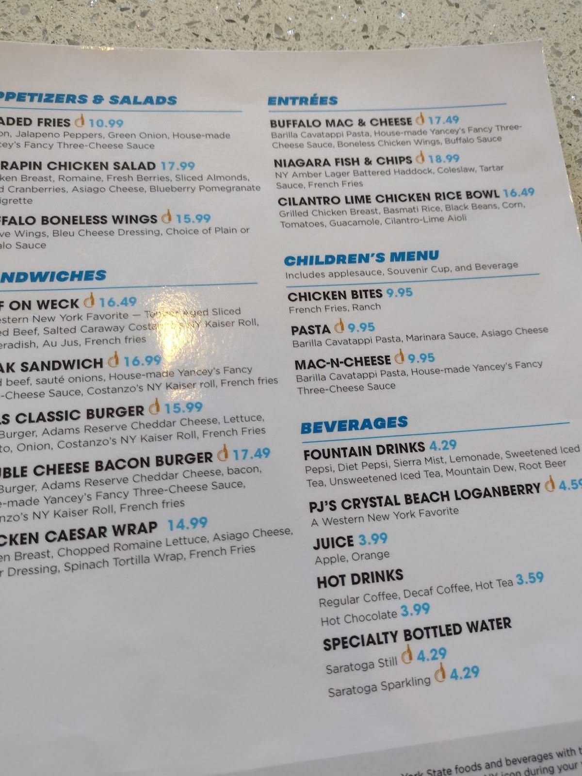 Menu at Top of the Falls restaurant, Niagara Falls