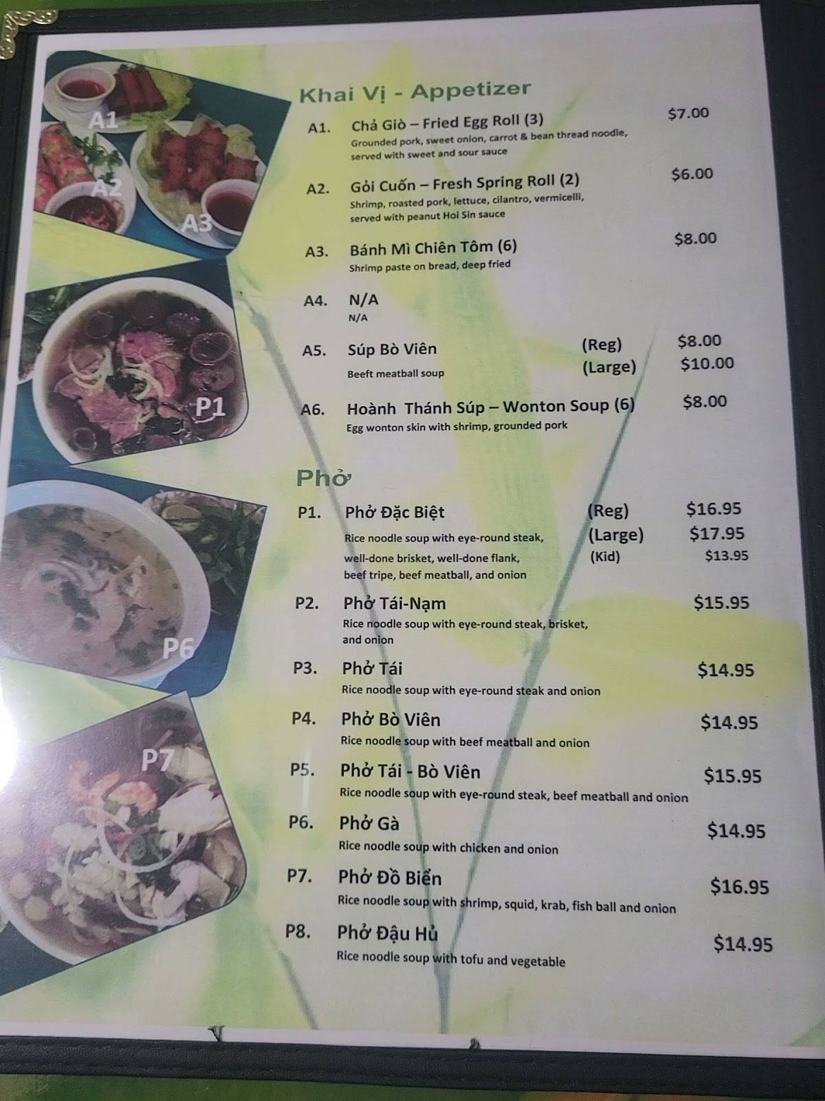 Menu at Pho Nguyen Vietnamese Noodle restaurant, Valparaiso