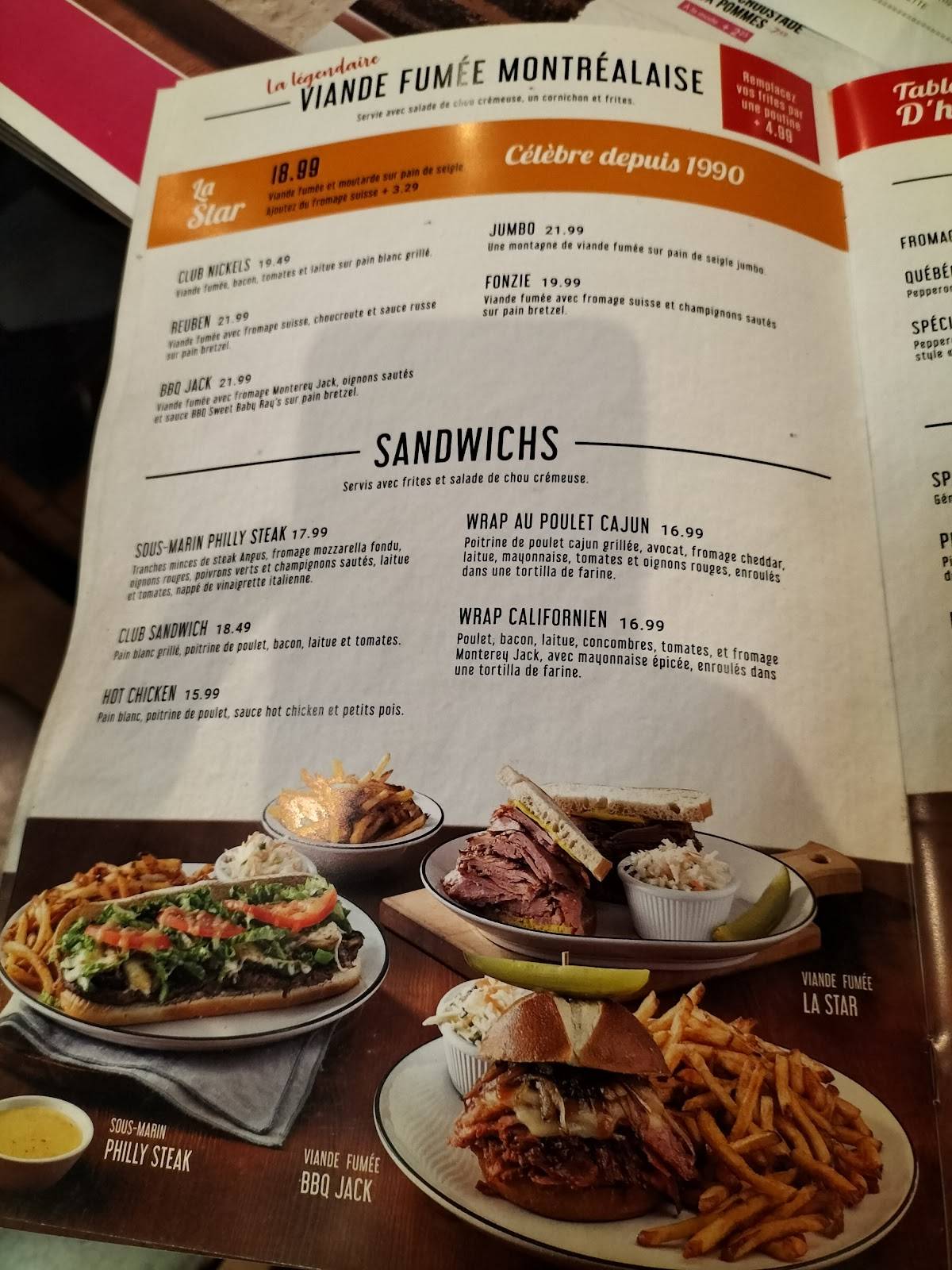 Menu au Nickels Deli fast food, Joliette