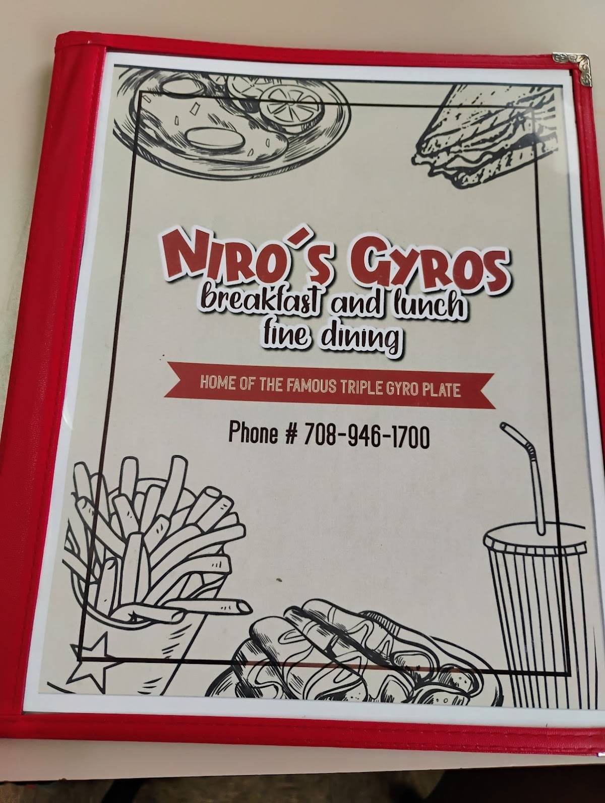 Menu at Niro's Gyros restaurant, Beecher
