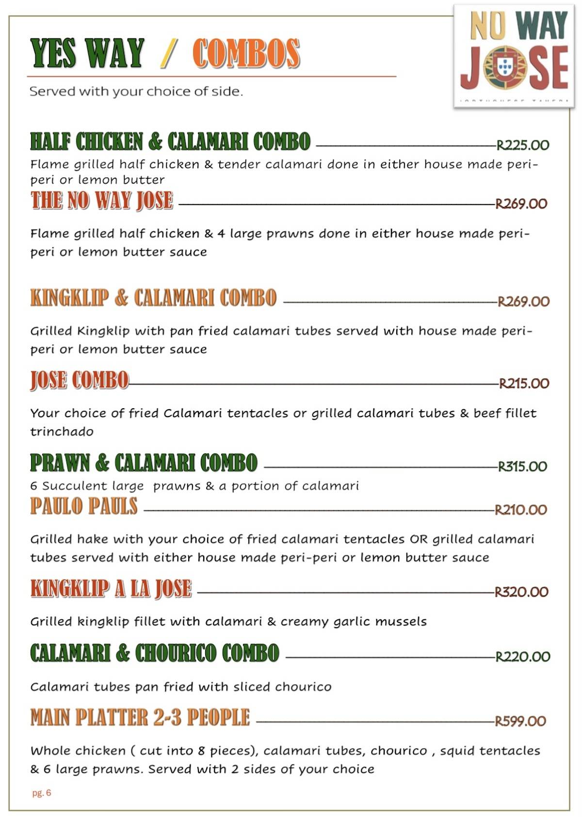 Menu at No Way Jose restaurant, Durban North