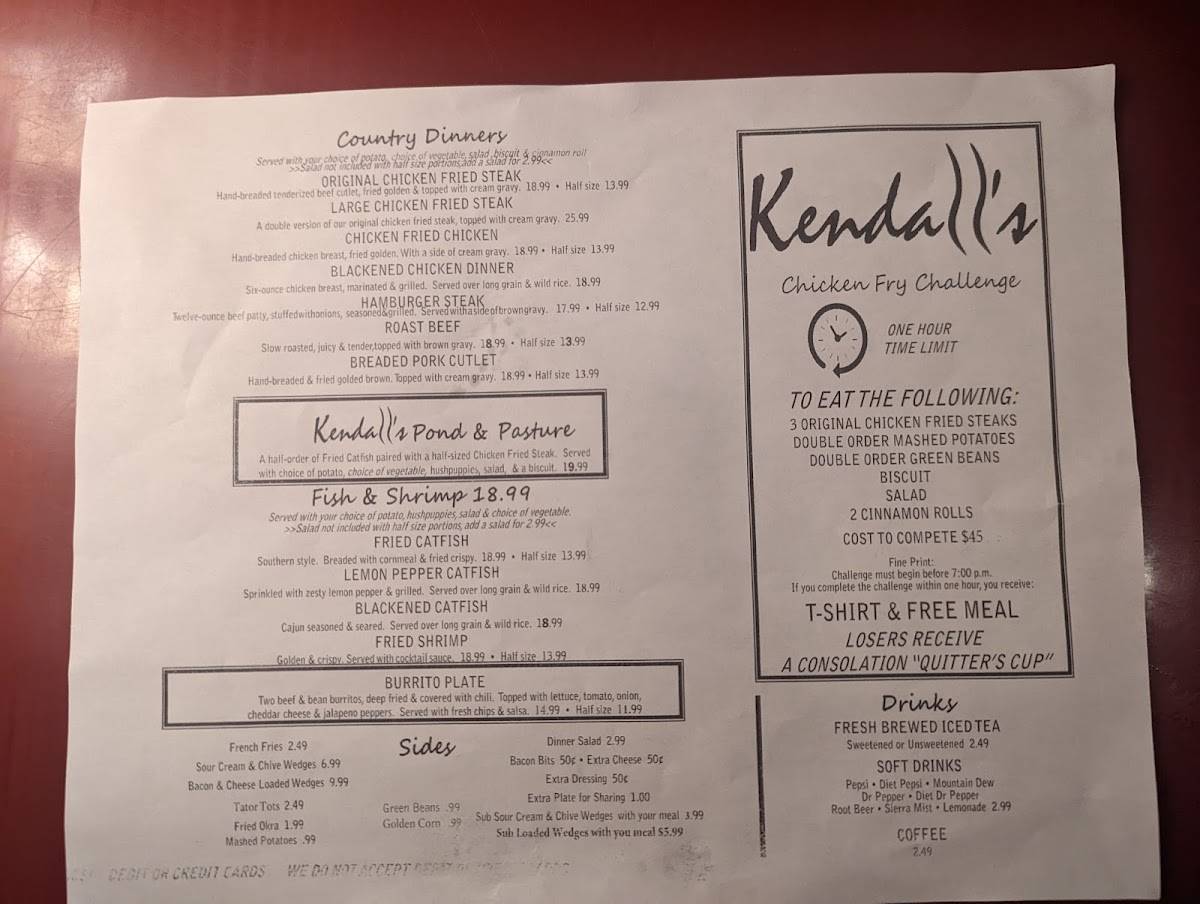 Menu at Kendall's restaurant, Noble