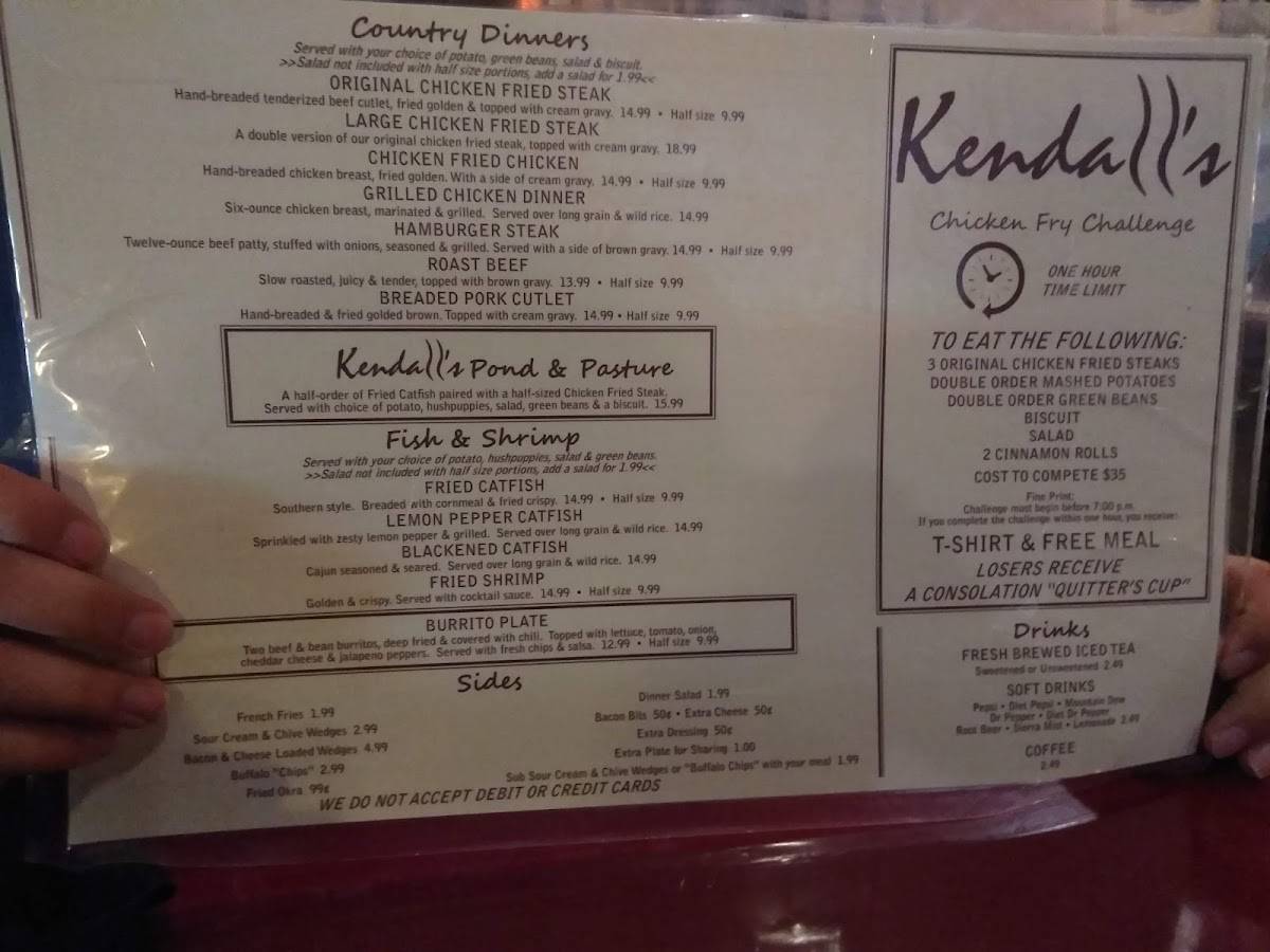Menu at Kendall's restaurant, Noble
