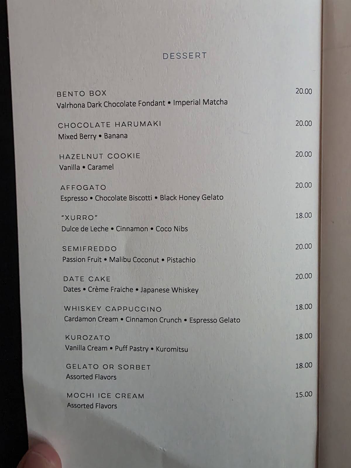 Menu at Nobu Malibu restaurant, Malibu, Pacific Coast Hwy