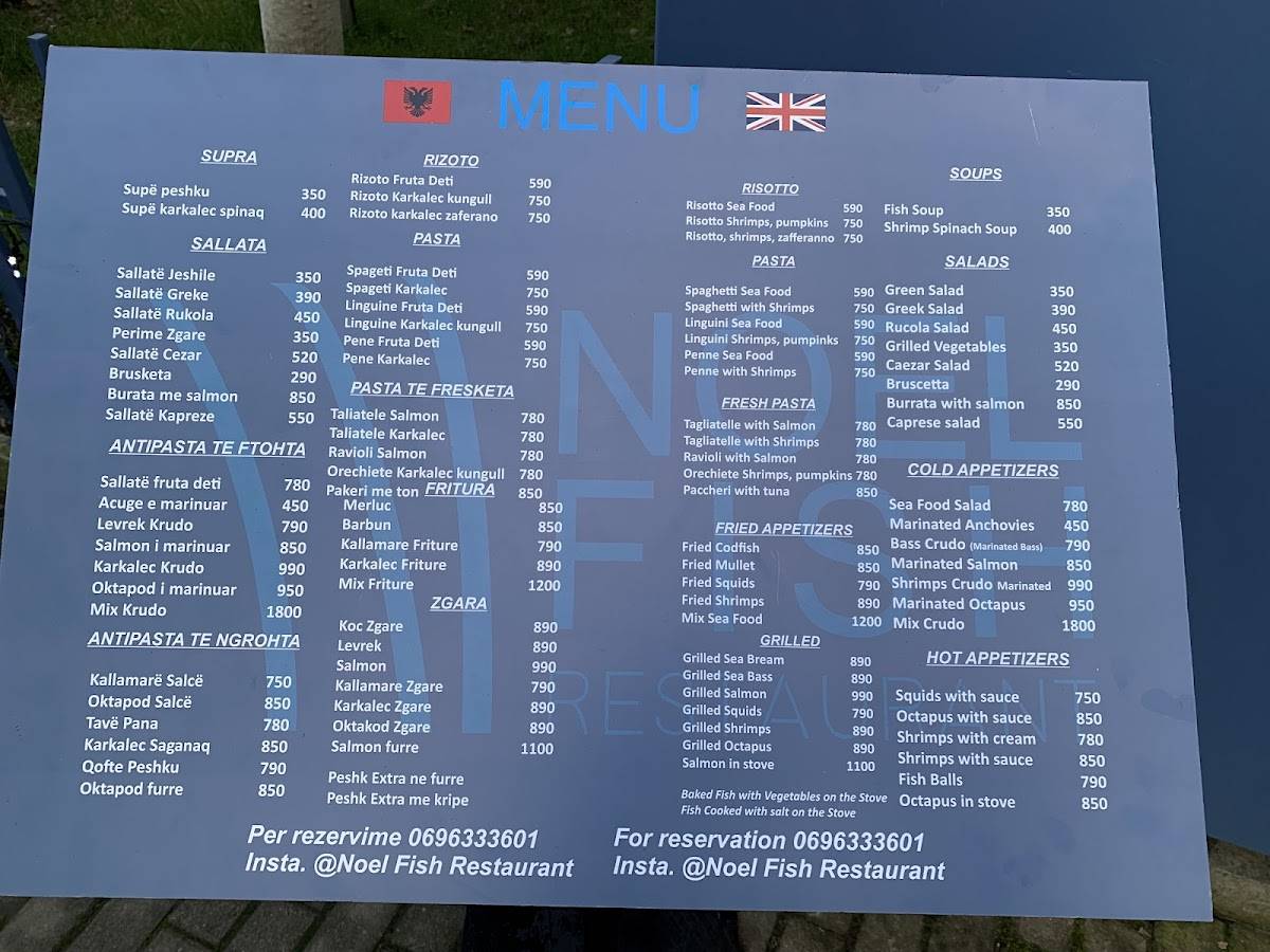 Menu at Noel Fish restaurant, Tirana