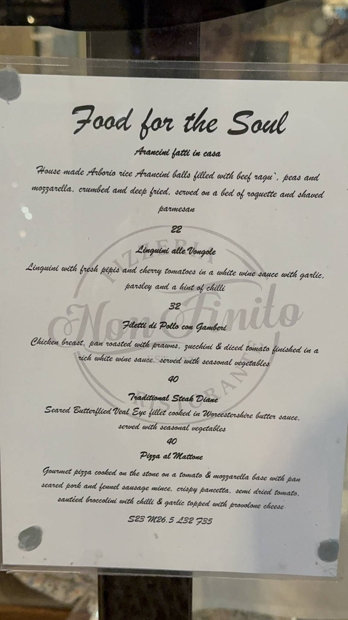 Menu at Non Finito Pizzeria Ristorante, Mortdale