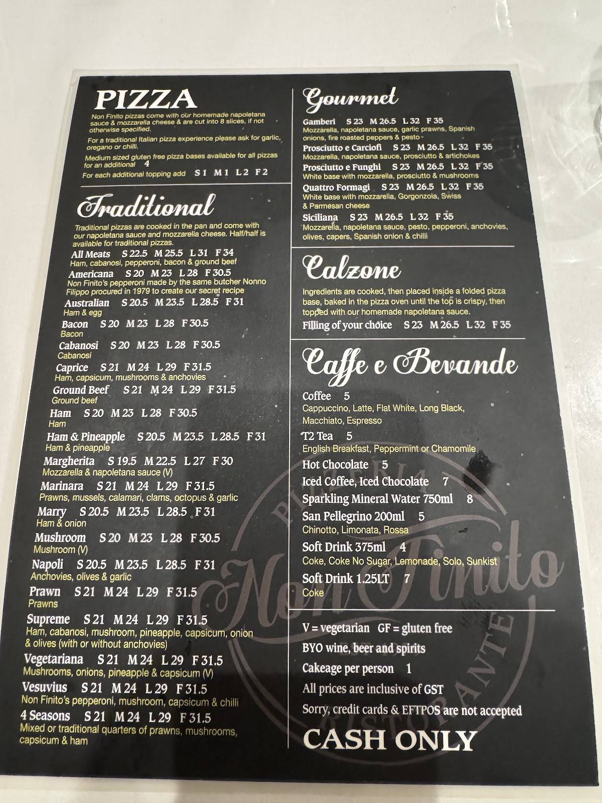 Menu at Non Finito Pizzeria Ristorante, Mortdale