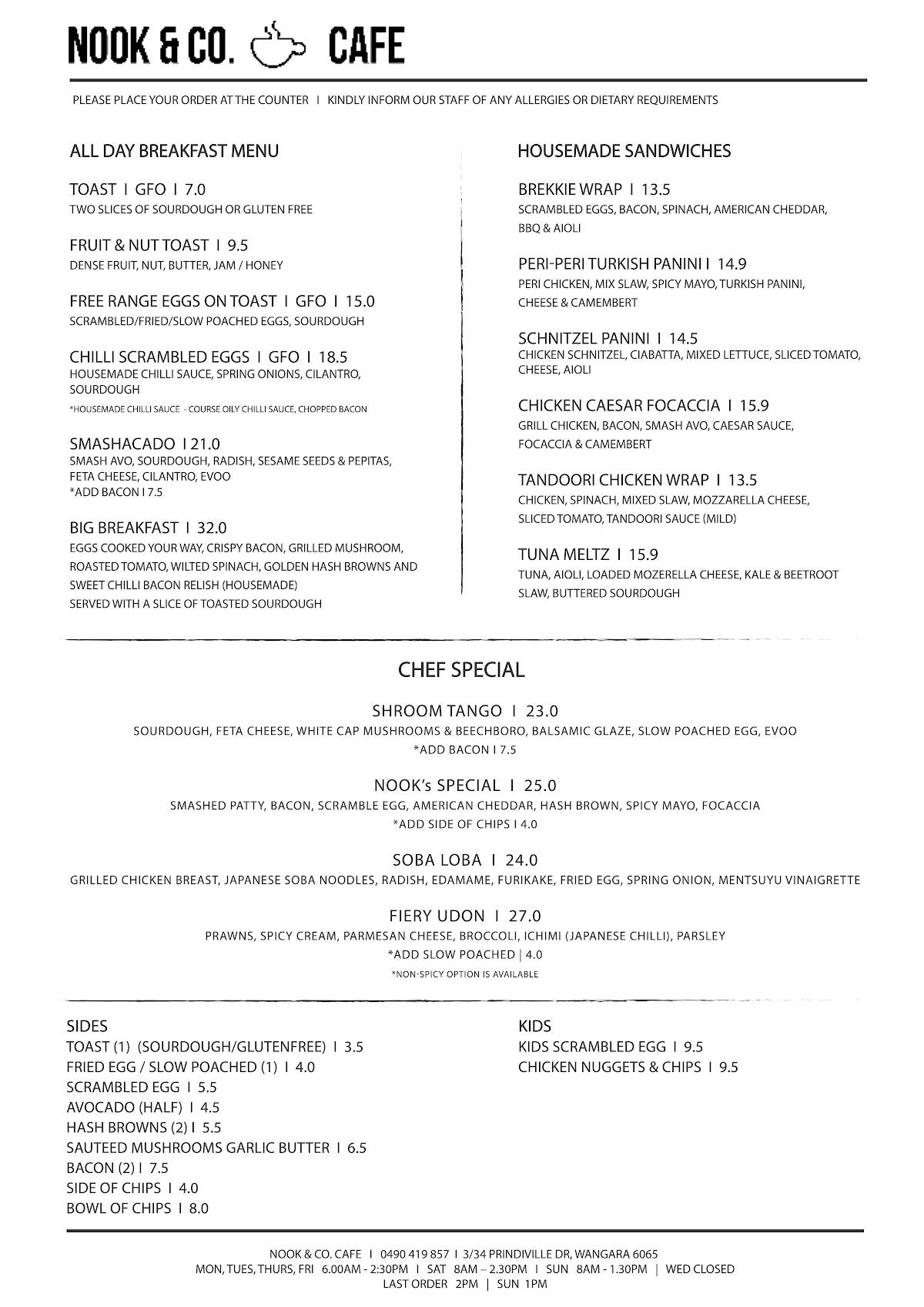 Menu at Nook & Co. Cafe, Wangara