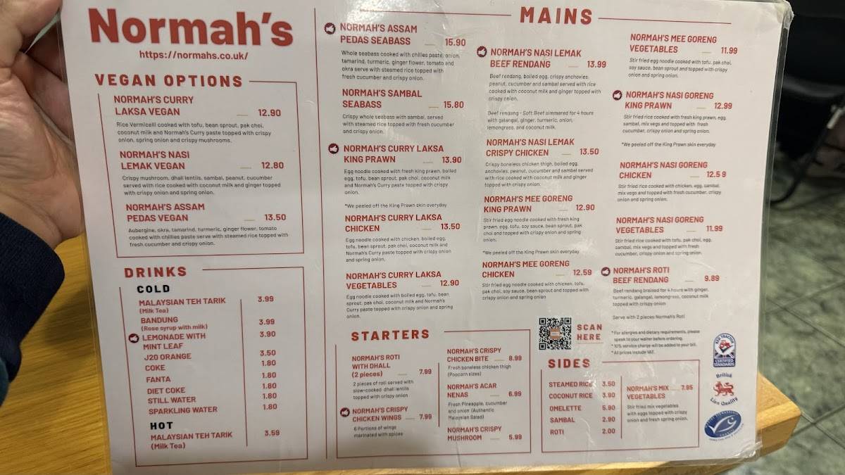 Menu at Normah's cafe, London