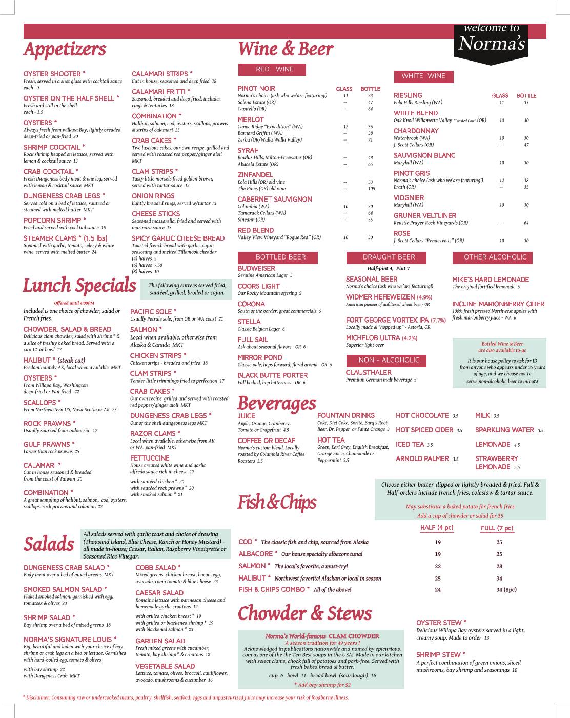 Menu at Norma's Seafood & Steak steakhouse, Seaside, 20 N Columbia St