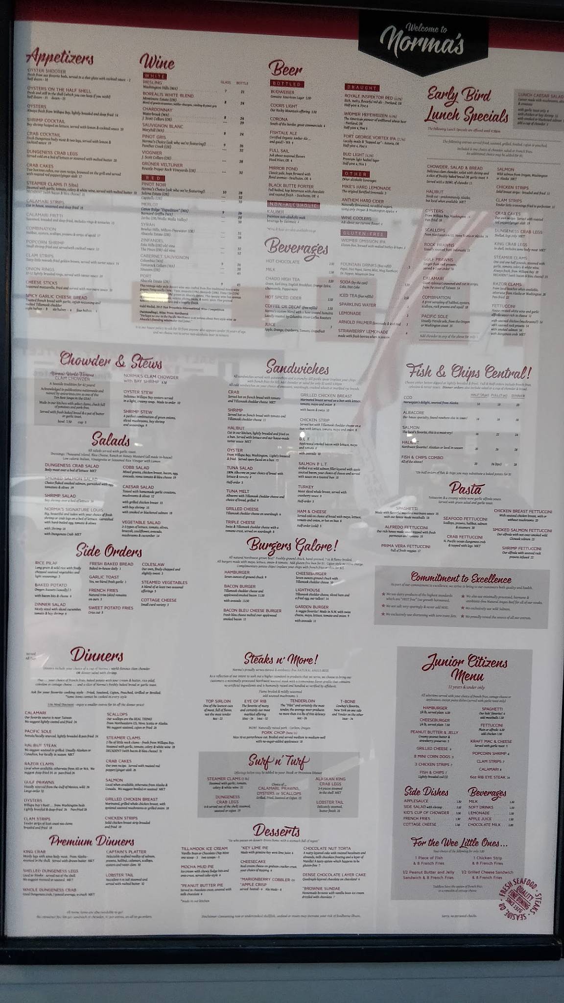 Menu at Norma's Seafood & Steak steakhouse, Seaside, 20 N Columbia St