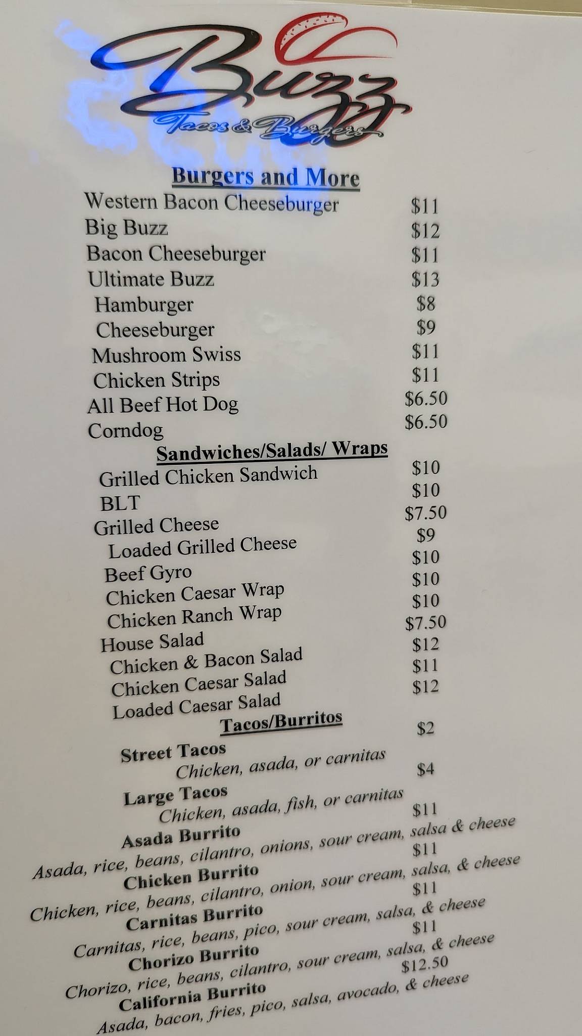 Menu at Buzz restaurant, North Bend, Virginia Ave # 147
