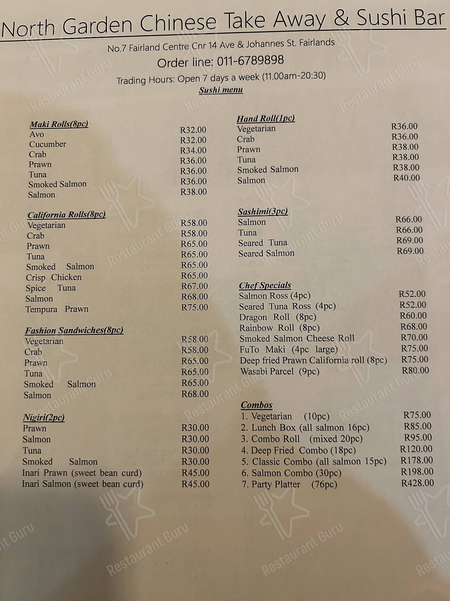 Carta de North Garden Chinese Takeaway and Sushi Bar, Randburg ...