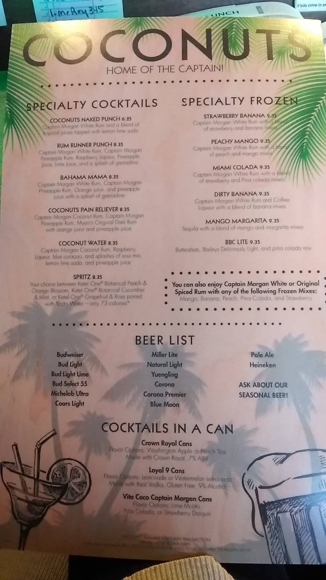 Menu at Coconuts Tiki Bar, North Myrtle Beach