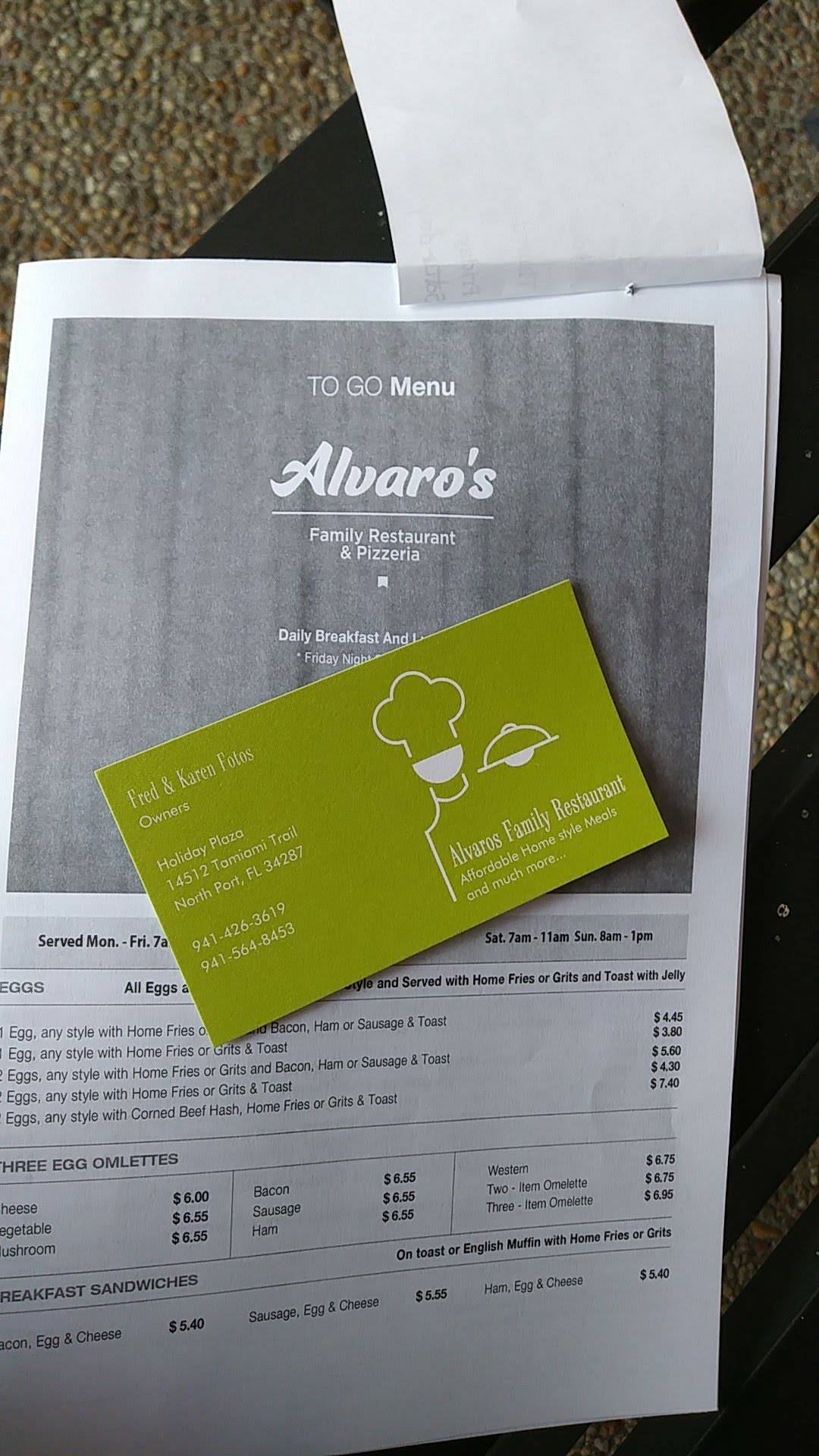 Menu at Alvaro's Family Restaurant, North Port