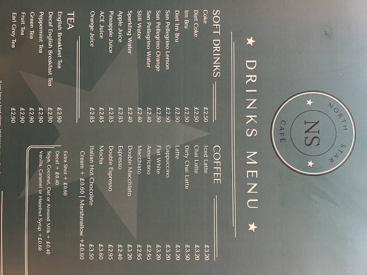 Menu at North Star Cafe, Glasgow
