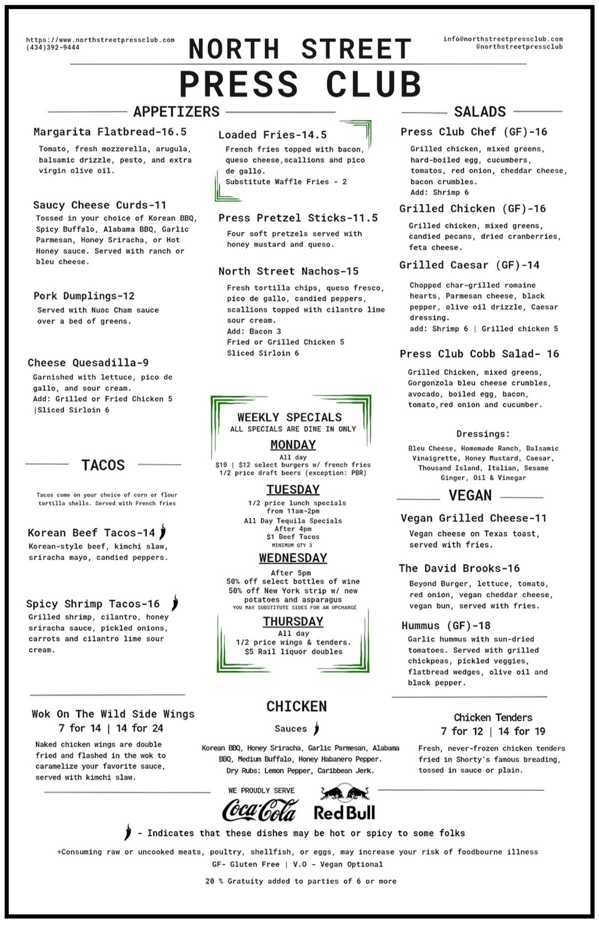 Menu at North Street Press Club, Farmville