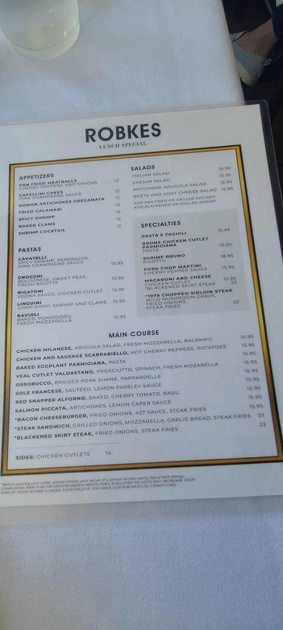 Menu at Robke's Northport restaurant, Northport