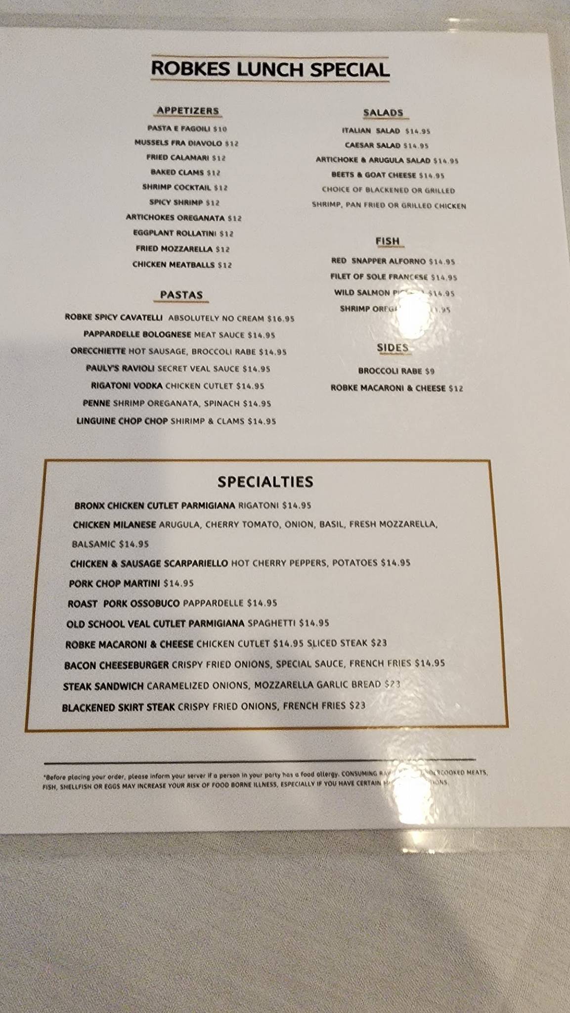 Menu at Robke's Northport restaurant, Northport