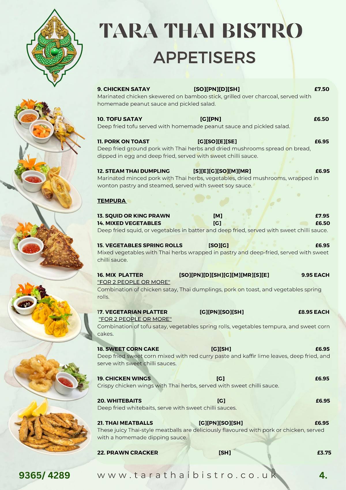 Menu at Tara Thai Bistro restaurant, Norwich