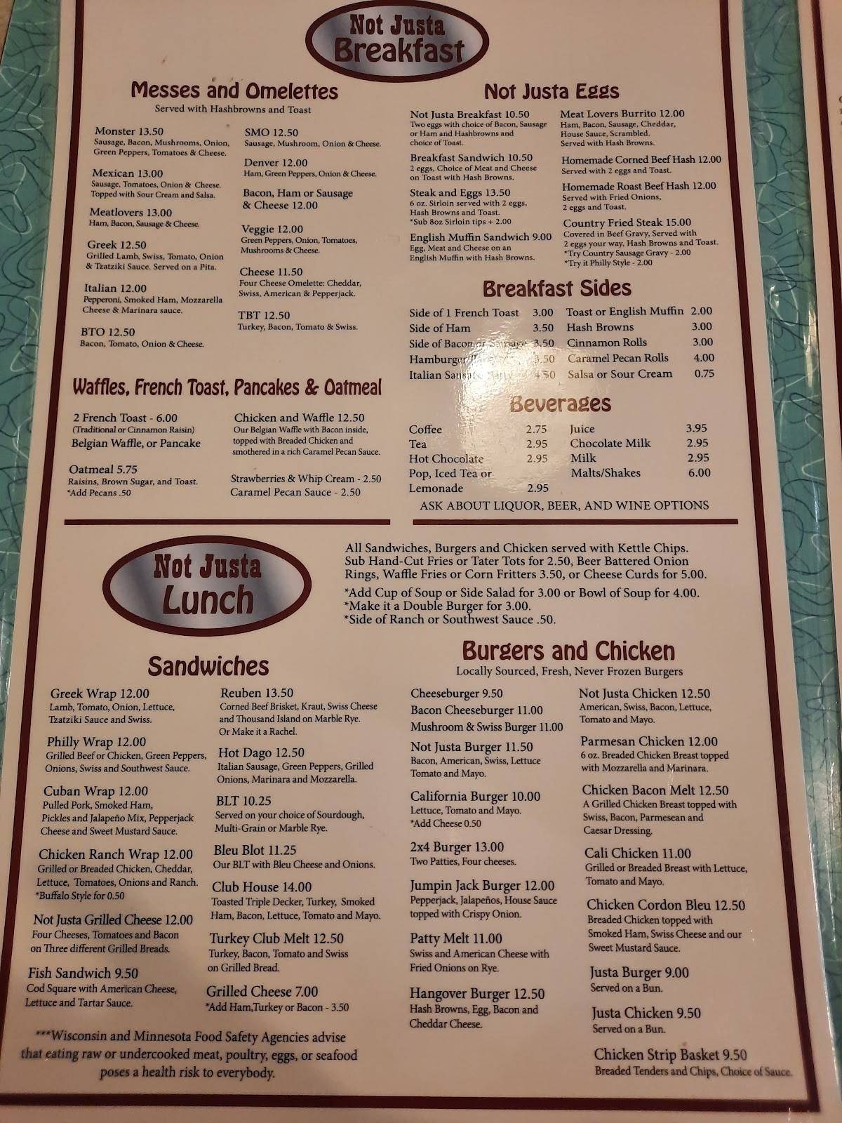 Menu at Not Justa Diner restaurant, Saint Croix Falls