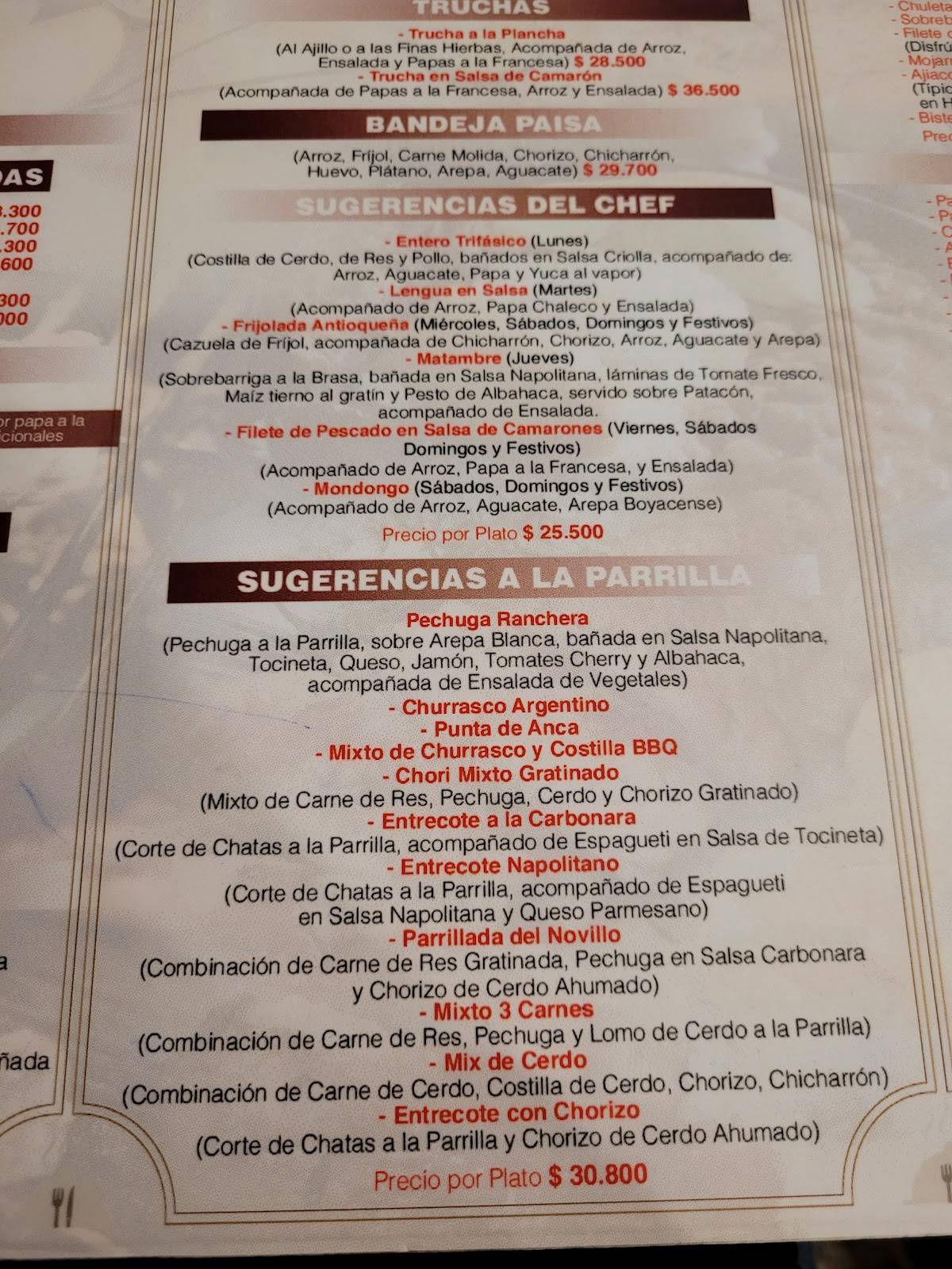 Carta del restaurante Novillo del Oro, Bogotá, Cra. 8 #1744