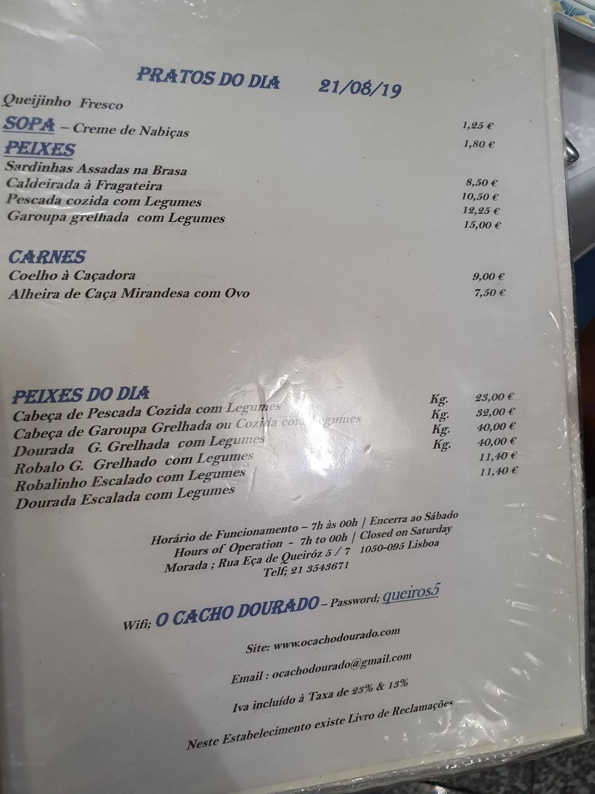 Menu em O Cacho Dourado restaurante, Lisboa