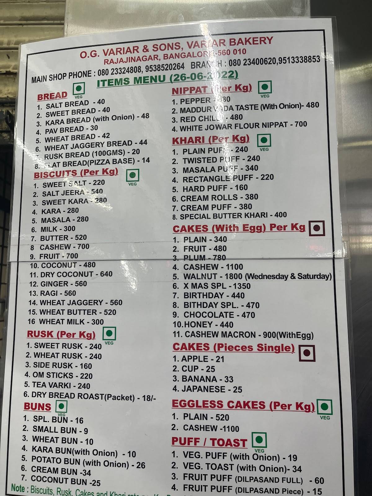 Menu at O.G. Variar and Sons, Variar Bakery (Branch), Bengaluru