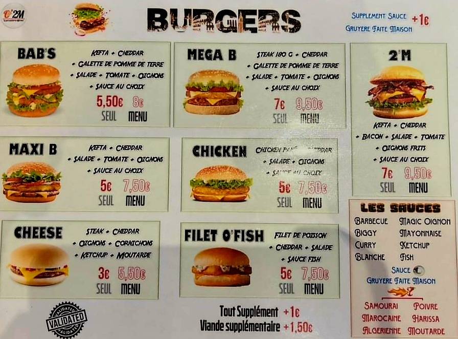 Menu au O'2M Fast-Food restaurant, Oyonnax