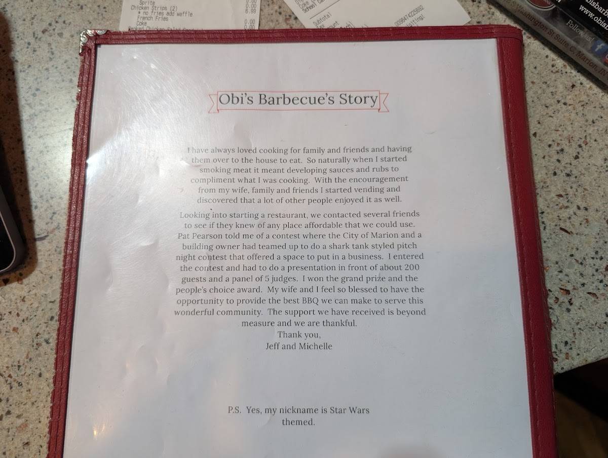 Menu at OBI's Barbecue, Marion