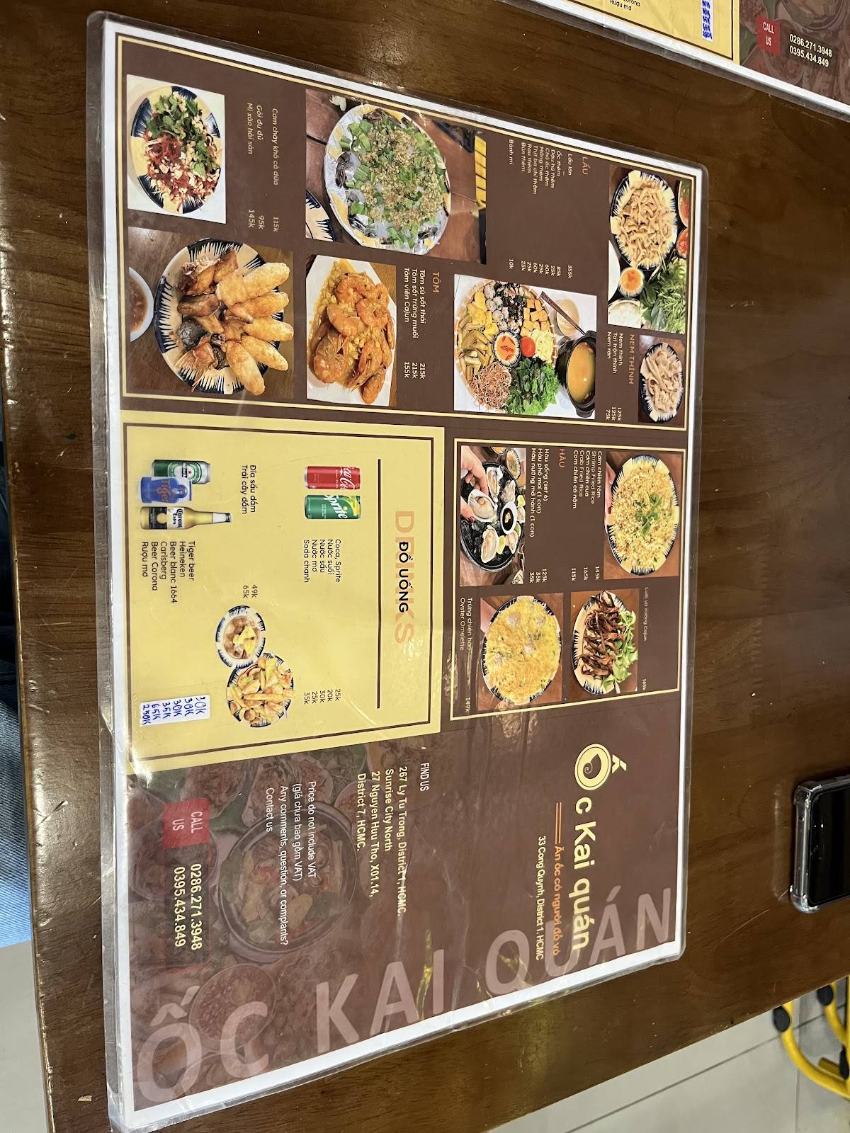 Menu at ỐC KAI QUÁN restaurant, Ho Chi Minh City
