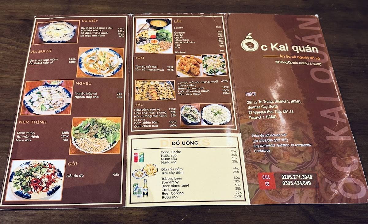 Menu at ỐC KAI QUÁN restaurant, Ho Chi Minh City