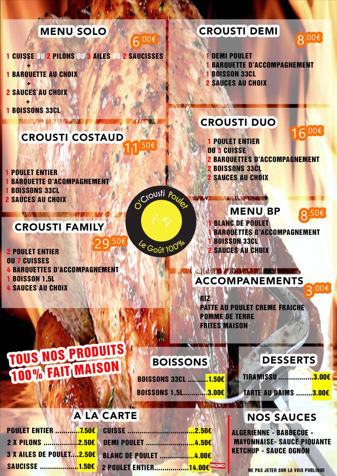 Menu au O’Crousti Poulet restaurant, Dijon