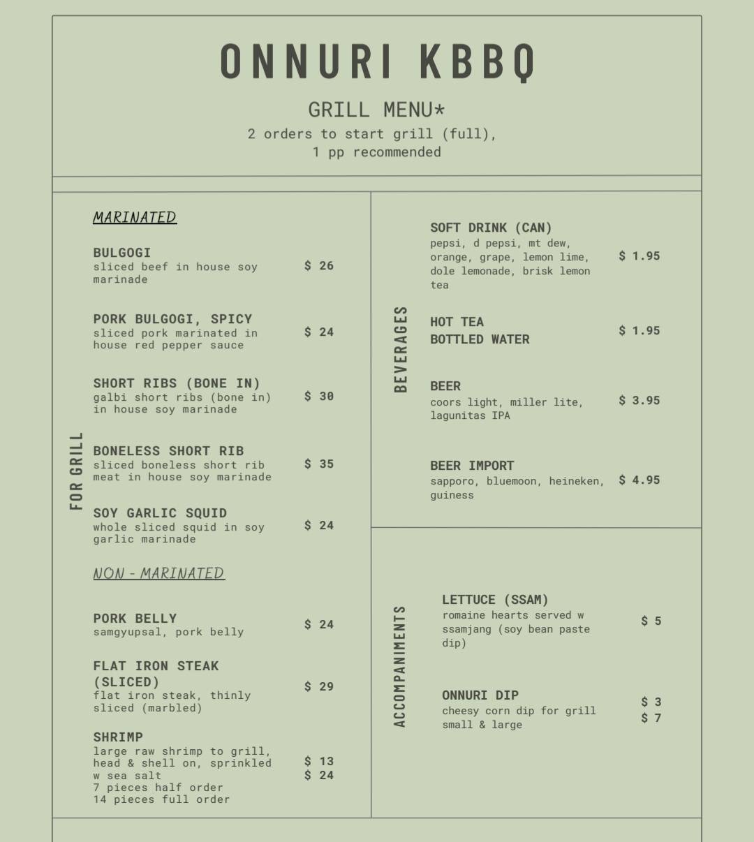Menu at ONNURI Korean BBQ, Iowa City