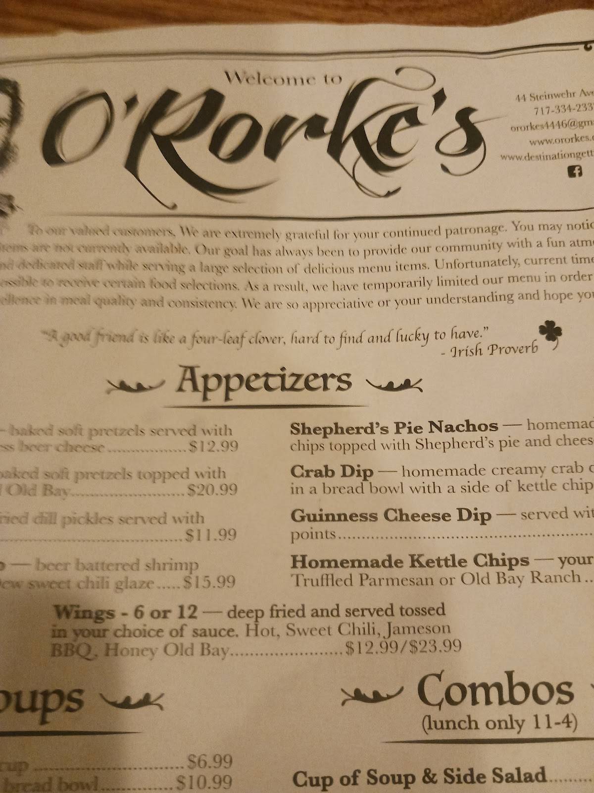 Menu at O'Rorke's Family Eatery pub & bar, Gettysburg