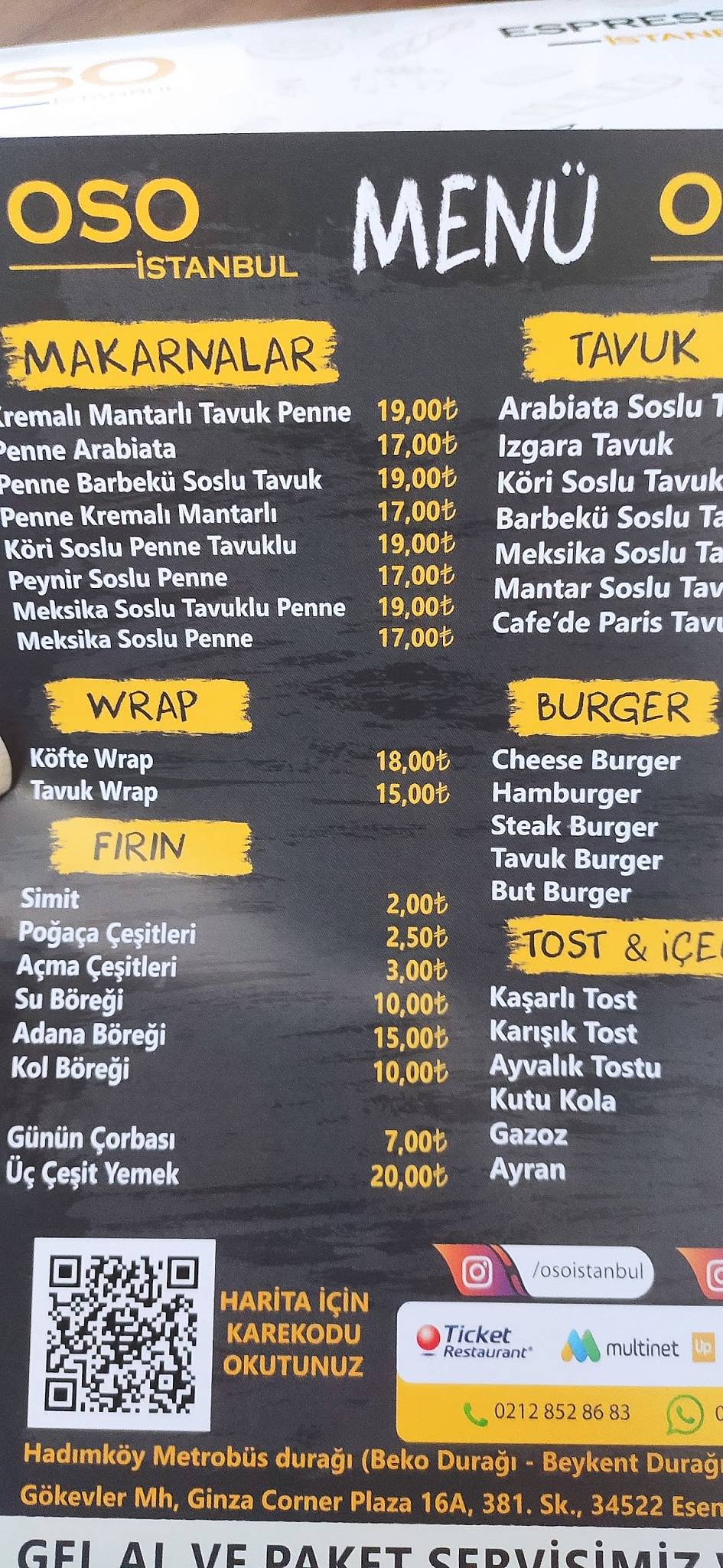 Menu at OSO İstanbul Cafe&Restaurant, Istanbul