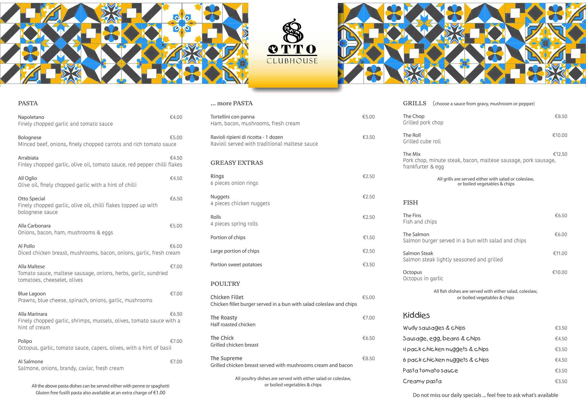 Menu at OTTO Clubhouse, Naxxar