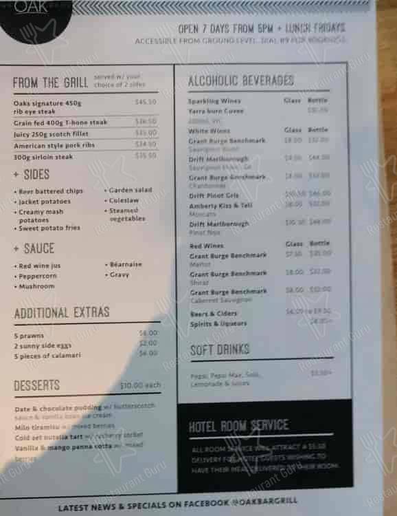 Menu at Oak Bar & Grill, Eastern Creek, 1 Peter Brock Dr