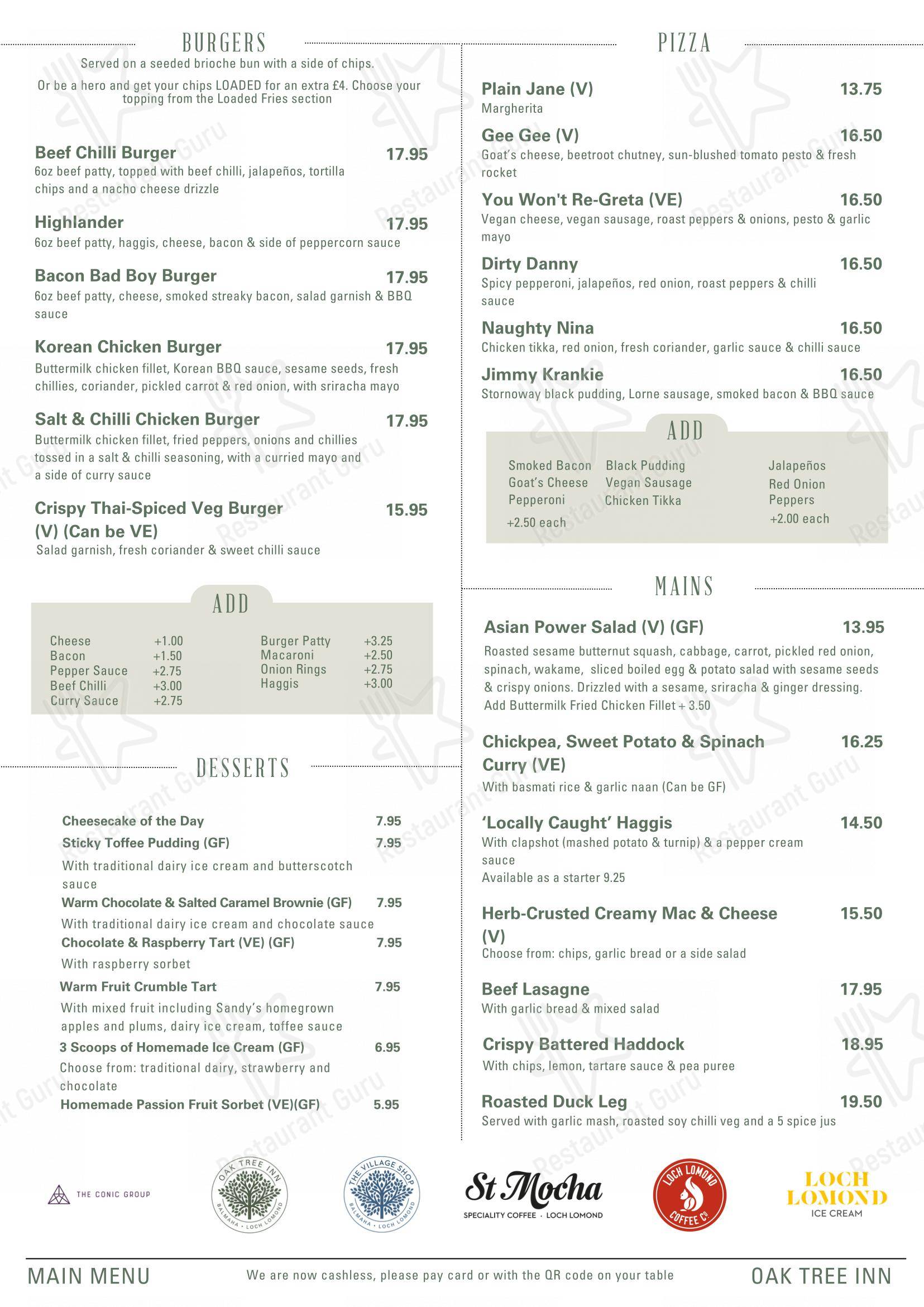 Menu at Oak Tree Inn pub & bar, Balmaha, Main Street