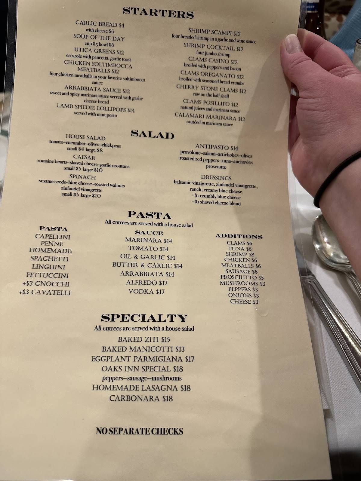 Menu at Oaks Inn restaurant, Endicott
