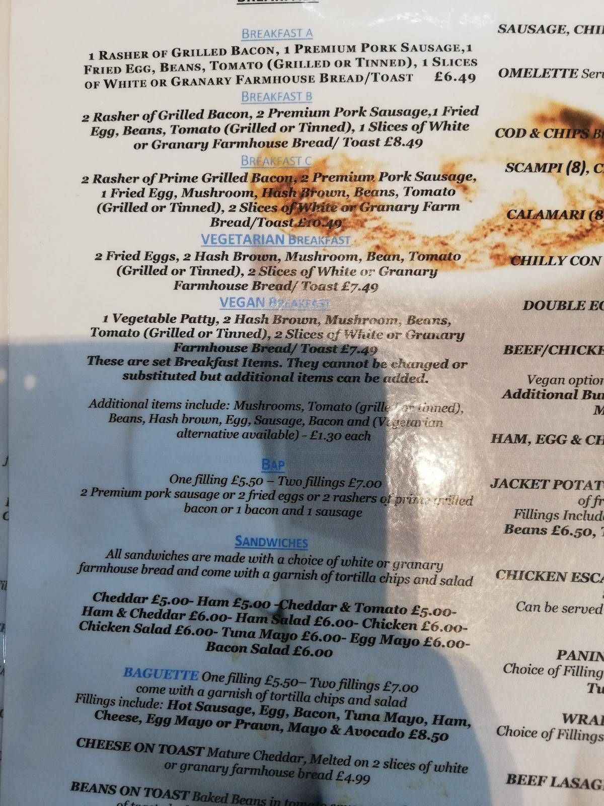 Menu at Oaks Park Cafe, Banstead