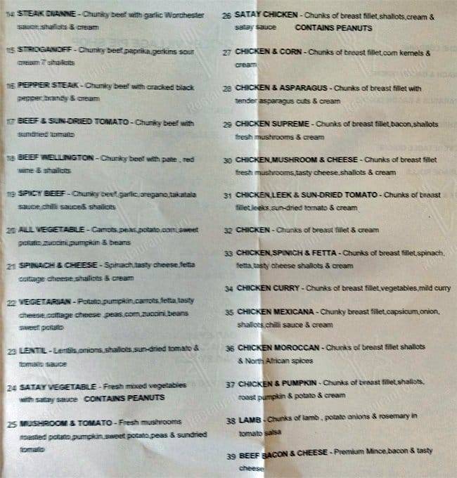 Menu at Oatley Village Pie Shop restaurant, Oatley