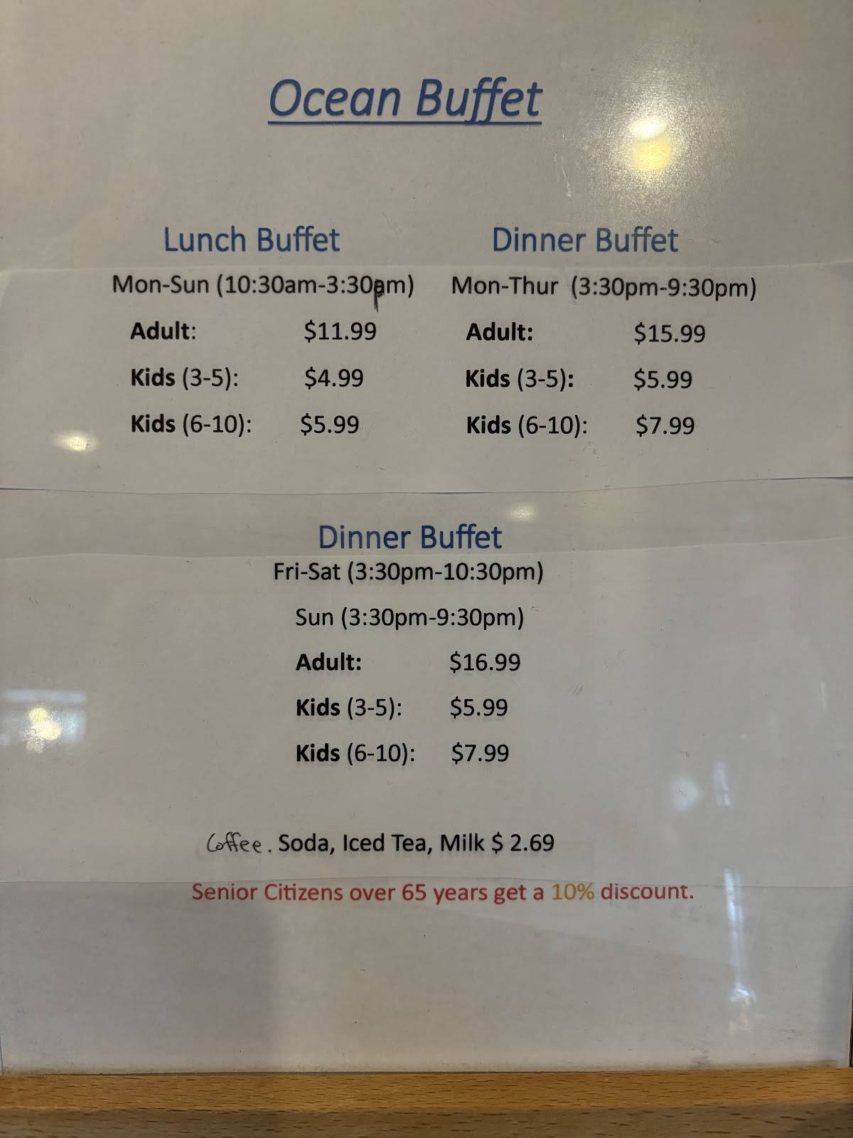 Menu at Ocean Buffet restaurant, Ocala, SW College Rd