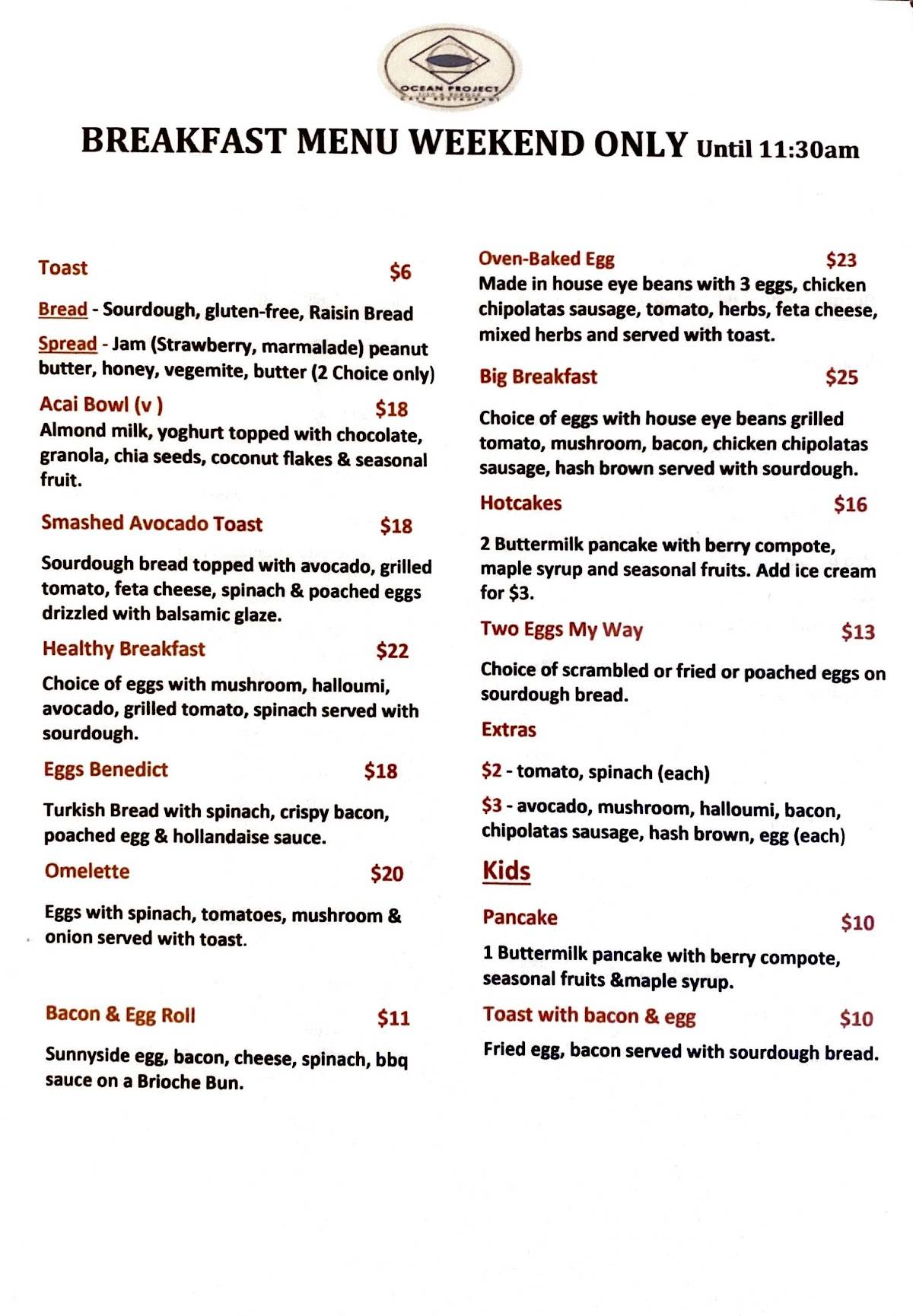 Menu at Ocean Project Café Restaurant, Orange