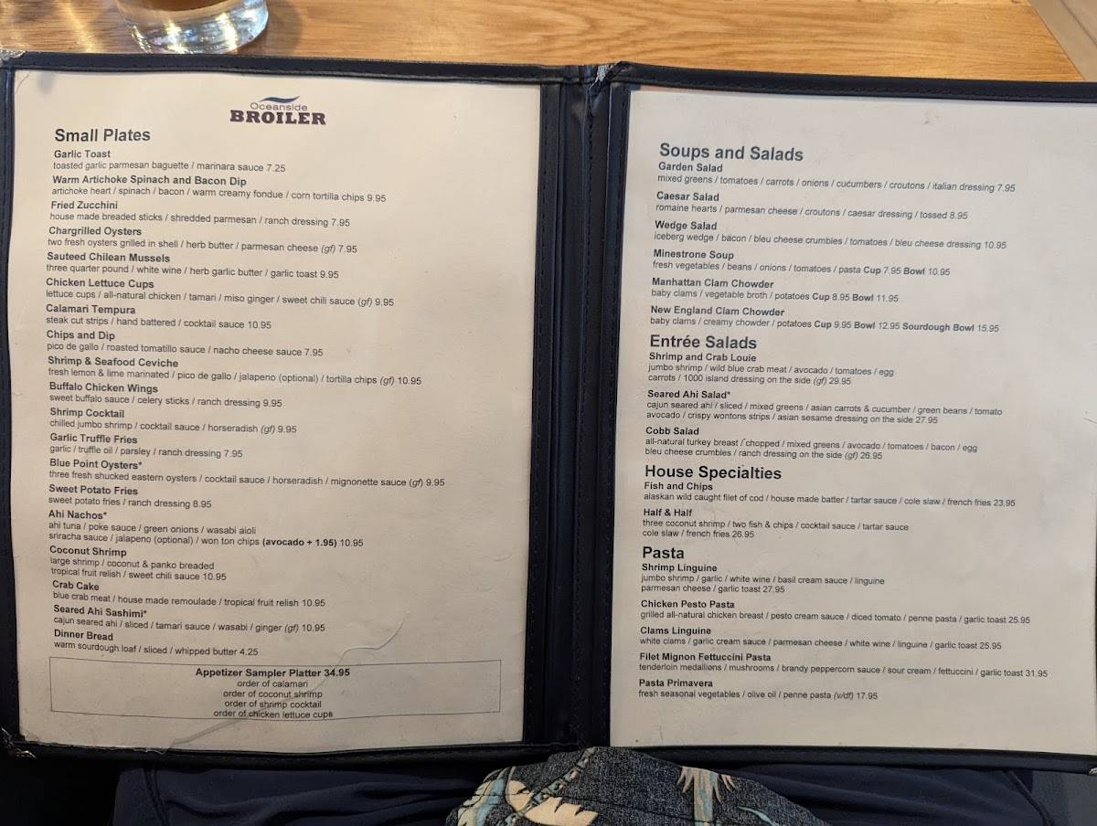 Menu at Oceanside Broiler steakhouse, Oceanside, N Harbor Dr N