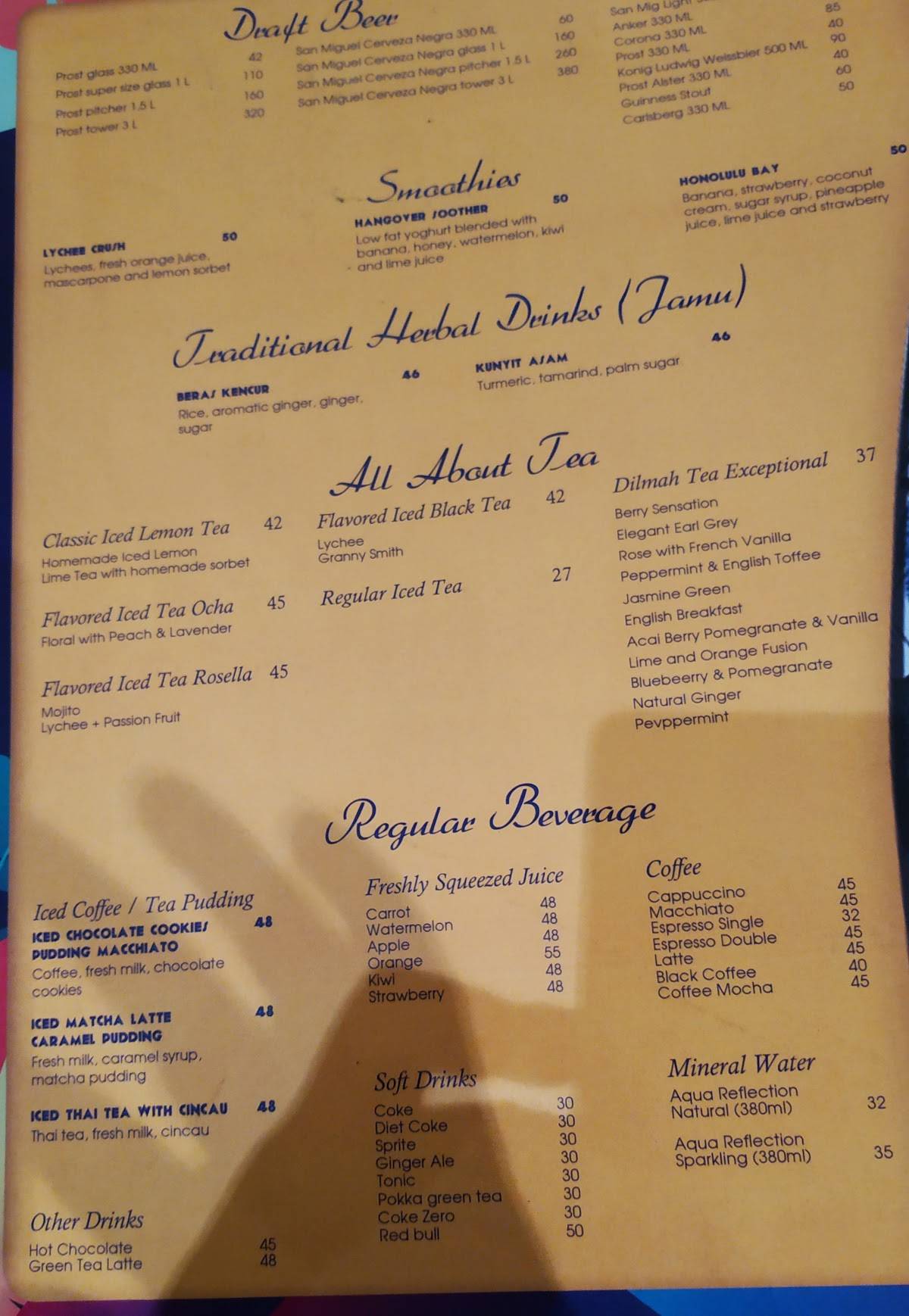 Menu at Ocha & Bella restaurant, Central Jakarta