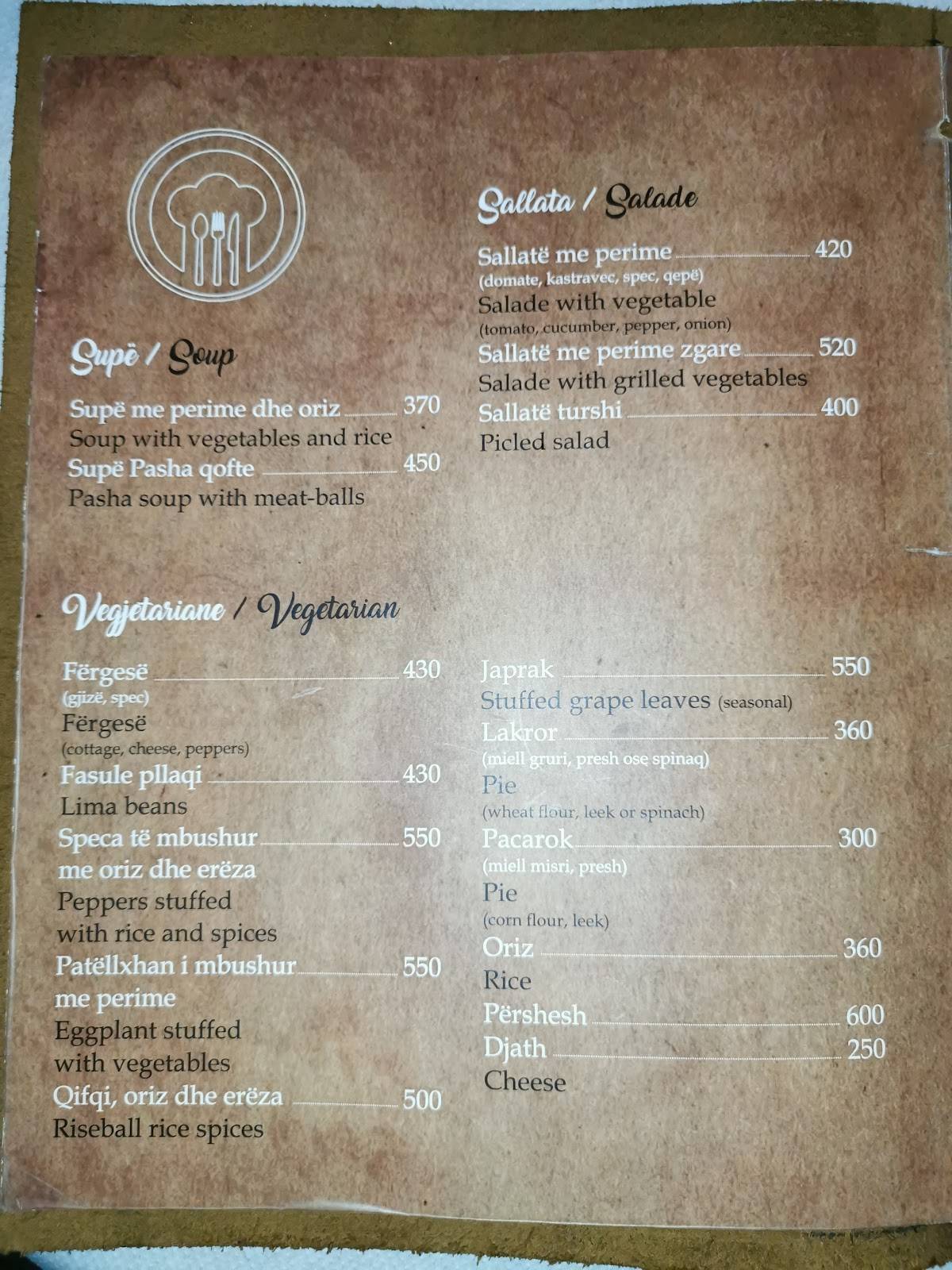 Menu at Oda Garden restaurant, Tirana