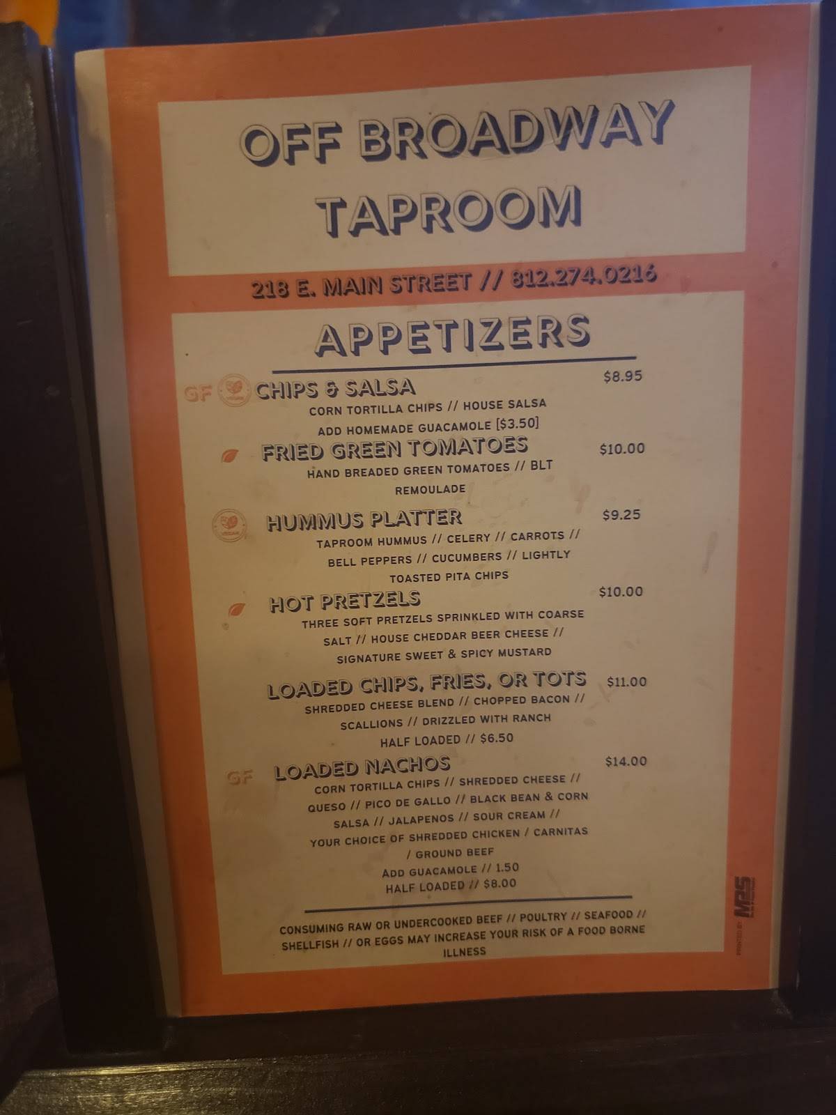 Menu at Off Broadway Taproom pub & bar, Madison